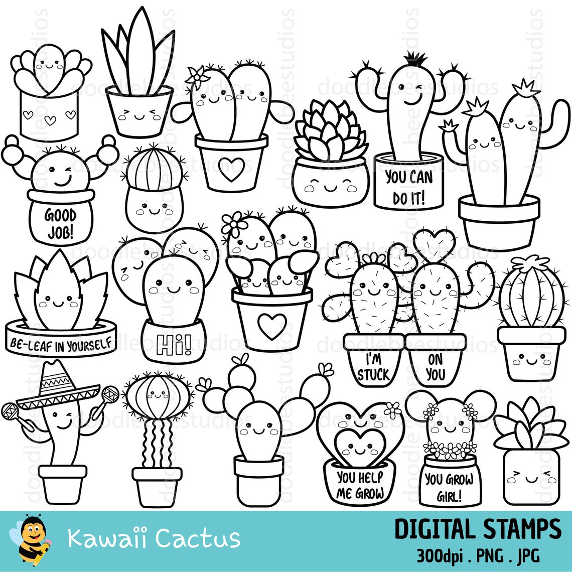 Kawaii Cactus Digital Stamps, Kawaii Plants Digital Stamps, Cute Cactus ...