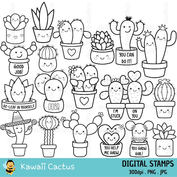 Kawaii Cactus Digital Stamps Kawaii Plants Digital Stamps - Etsy