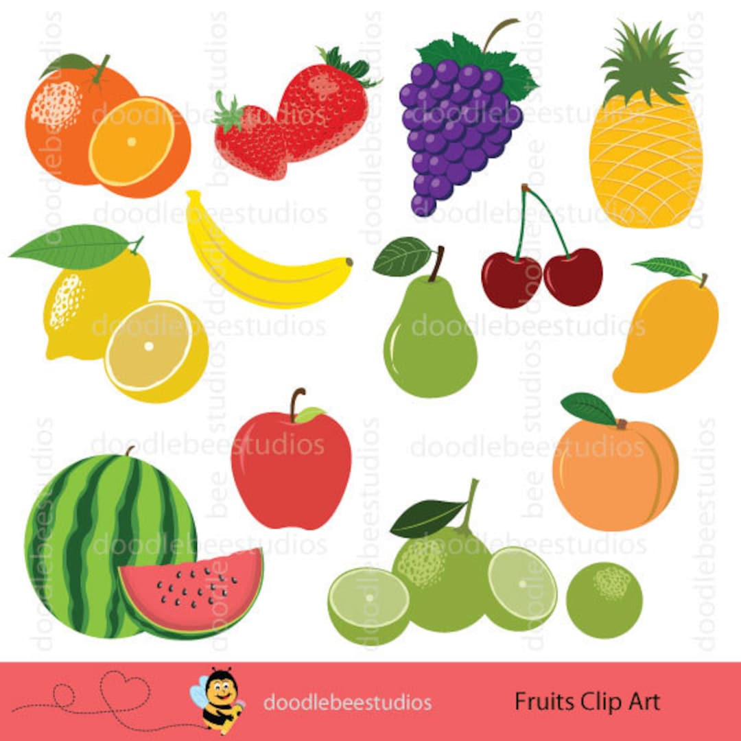Fruits Clipart, Clip Art Set - Apple, Orange, Strawberry, Grapes ...