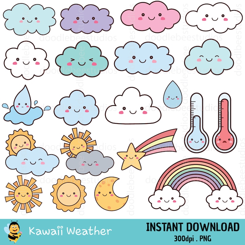 Kawaii Weather Clipart Cute Weather Clipart Kawaii Rainbow - Etsy