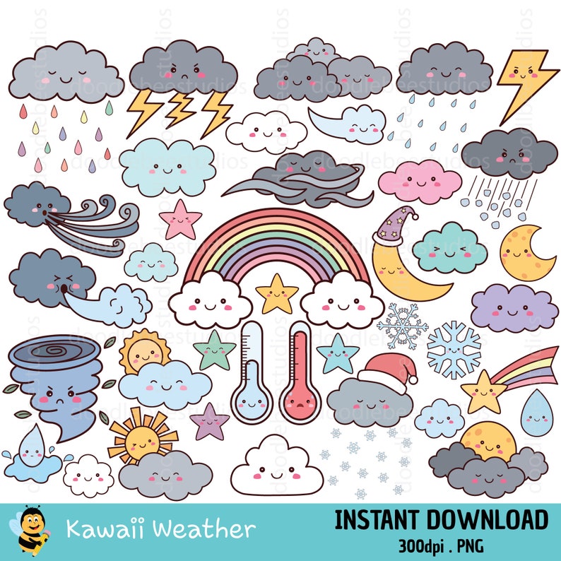 Kawaii Weather Clipart Cute Weather Clipart Kawaii Rainbow - Etsy