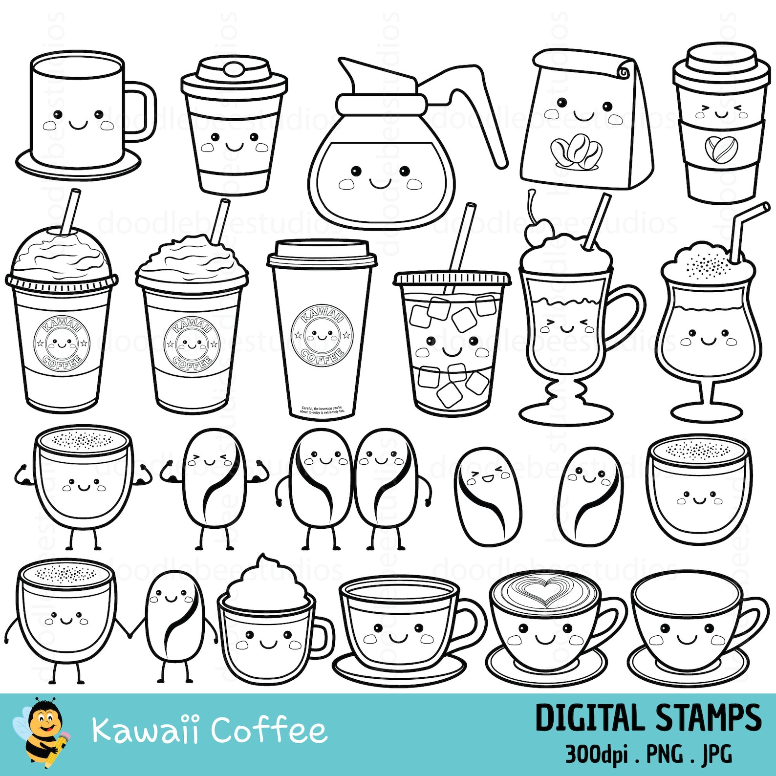 Kawaii Coffee Digital Stamps, Cute Coffee Digital Stamps, Kawaii Coffee ...