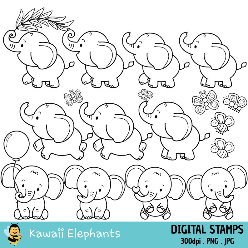 Kawaii Elephants Digital Stamps Clipart Cute Elephant Digital - Etsy