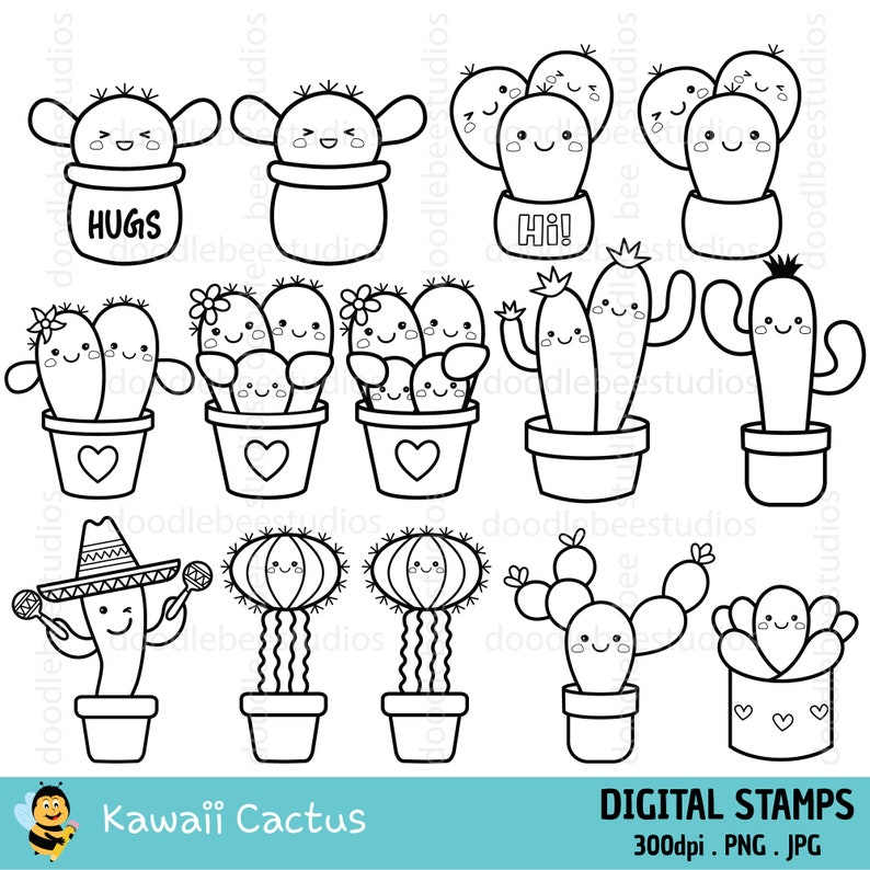 Kawaii Cactus Digital Stamps, Kawaii Plants Digital Stamps, Cute Cactus ...