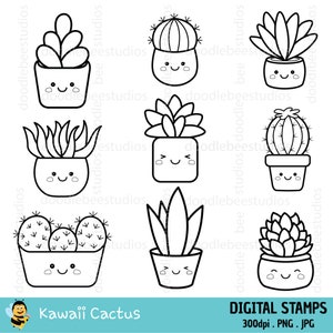 Kawaii Cactus Digital Stamps, Kawaii Plants Digital Stamps, Cute Cactus ...