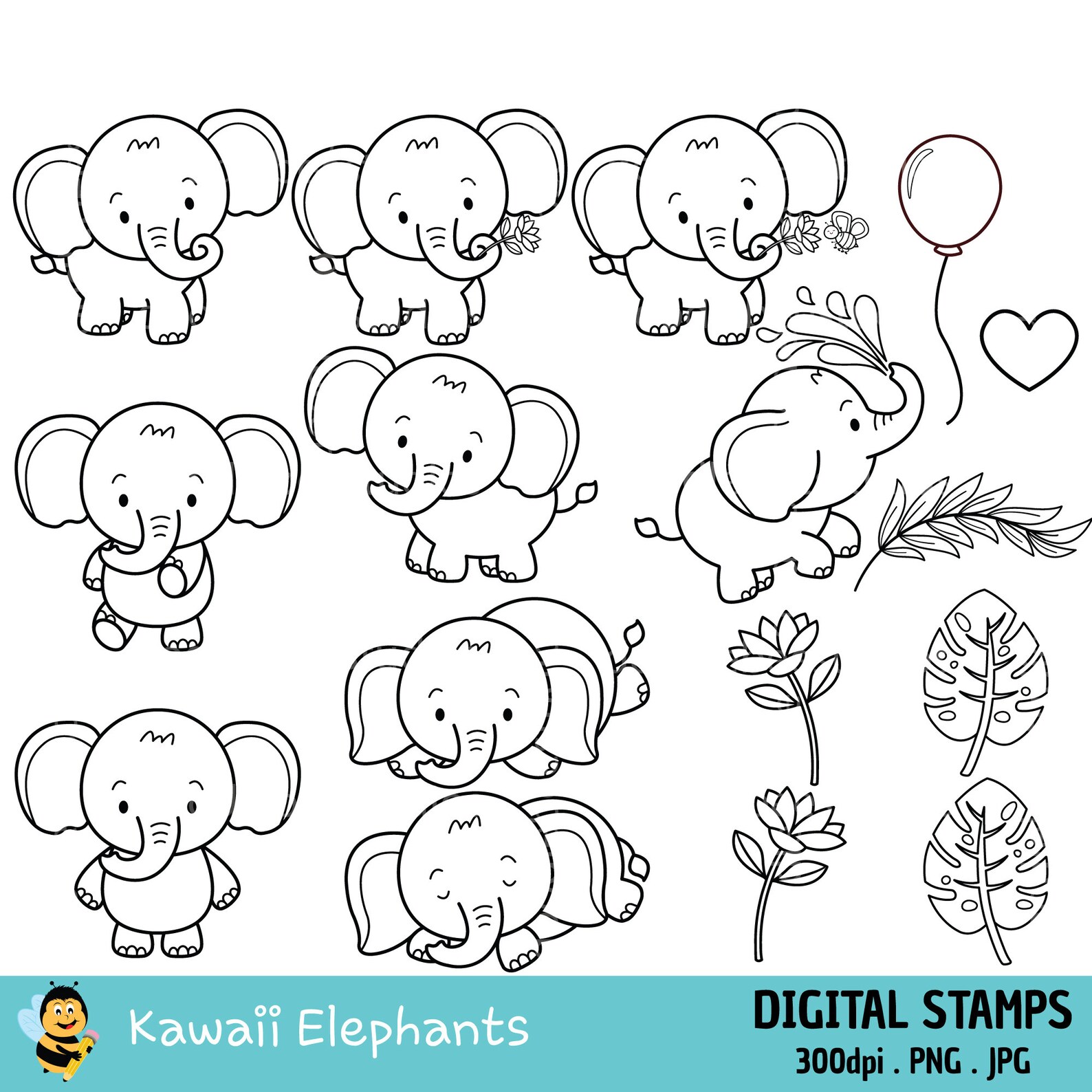 Kawaii Elephants Digital Stamps Clipart Cute Elephant Digital - Etsy