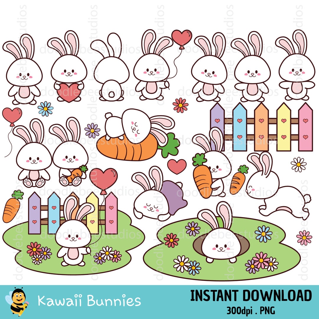 Cute Bunny Clipart, Kawaii Bunny Clipart, Easter Bunny Clipart, Cute ...