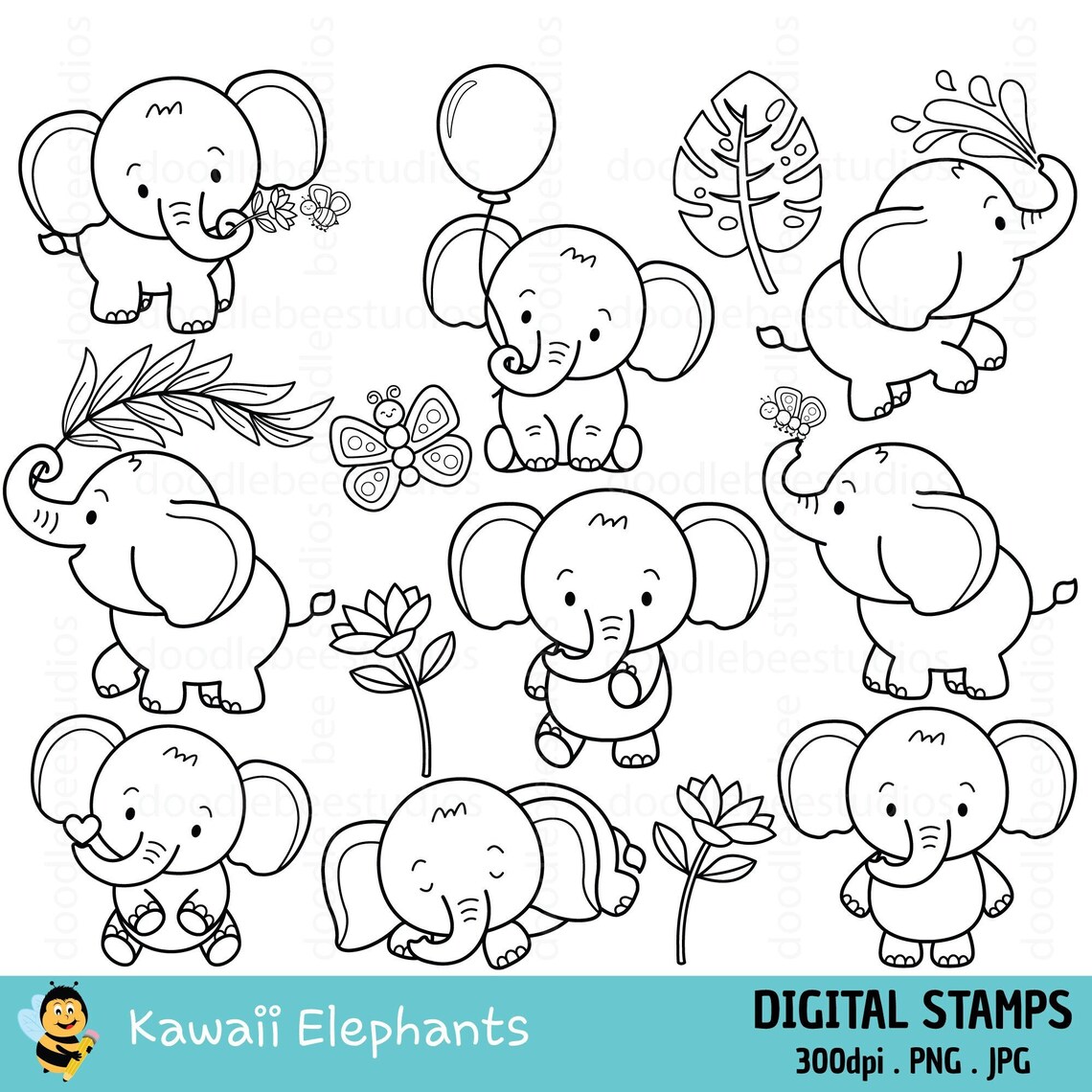 Kawaii Elephants Digital Stamps Clipart Cute Elephant Digital - Etsy