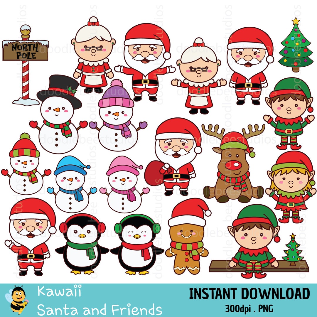 Kawaii Christmas Clipart, Cute Christmas Clipart, Cute Santa Claus, Mrs ...