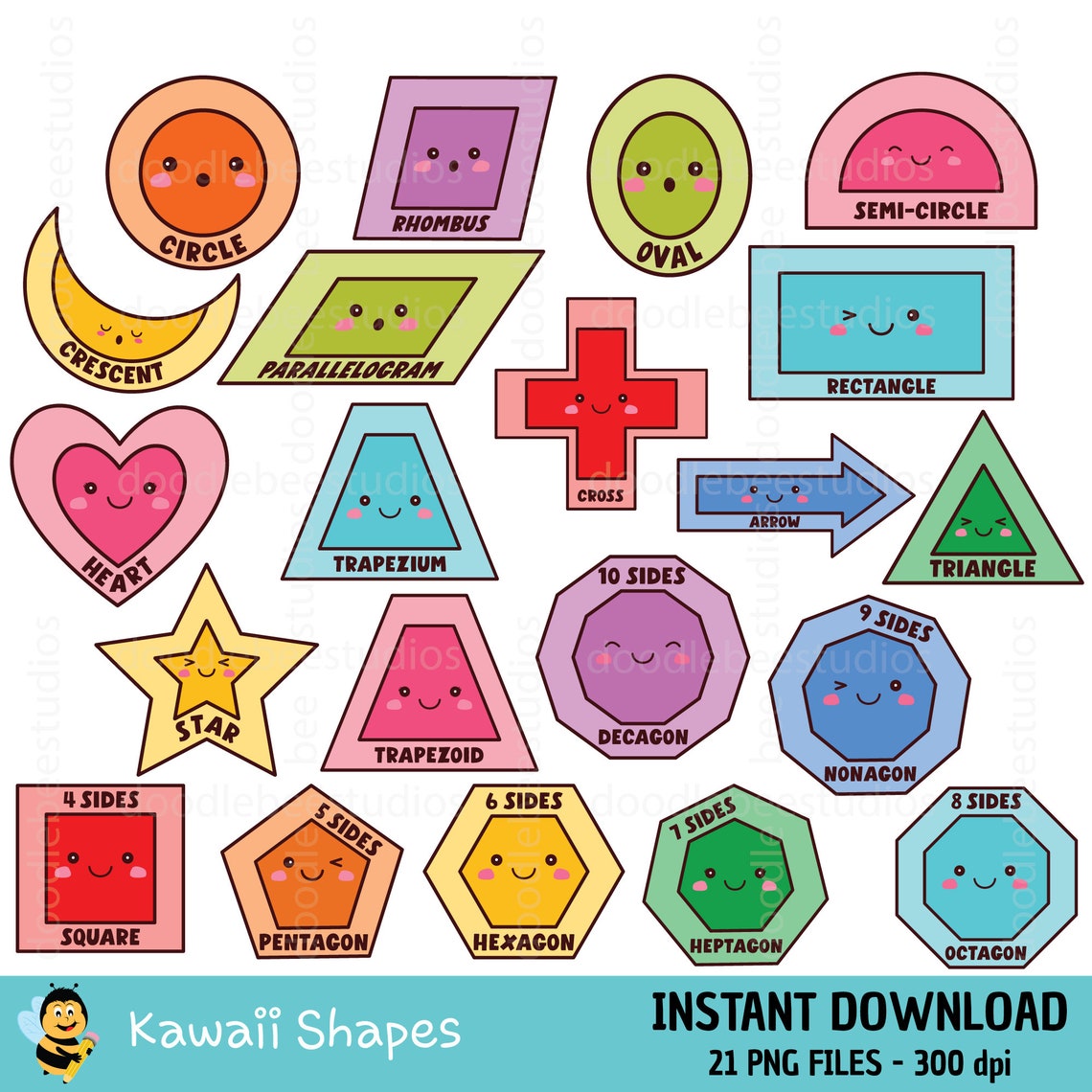 Kawaii Shapes Clipart Cute Shapes Clip Art Colourful Shapes - Etsy
