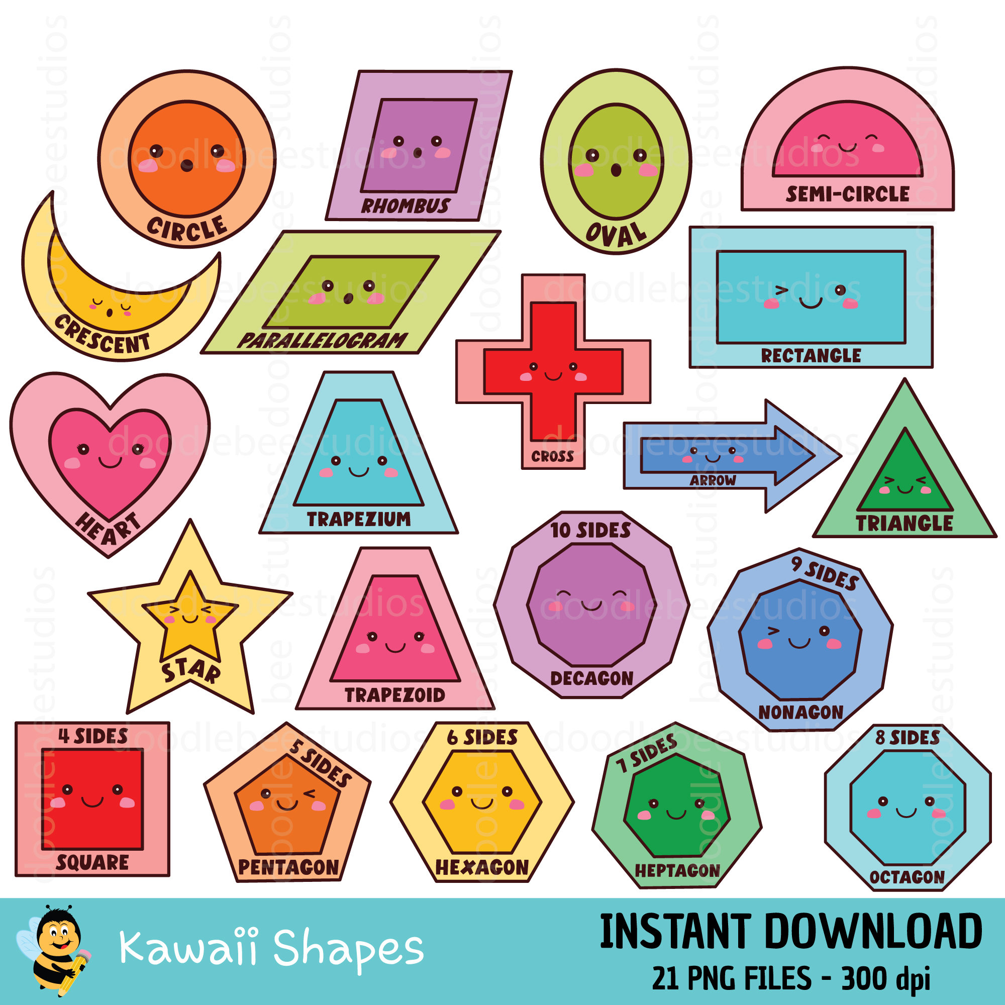 Kawaii Shapes Clipart, Cute Shapes Clip Art, Colourful Shapes Clipart ...