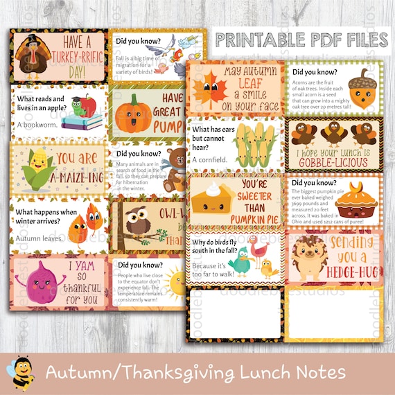 Autumn Lunch Box Notes Printable Lunchbox Cards Thanksgiving - Etsy