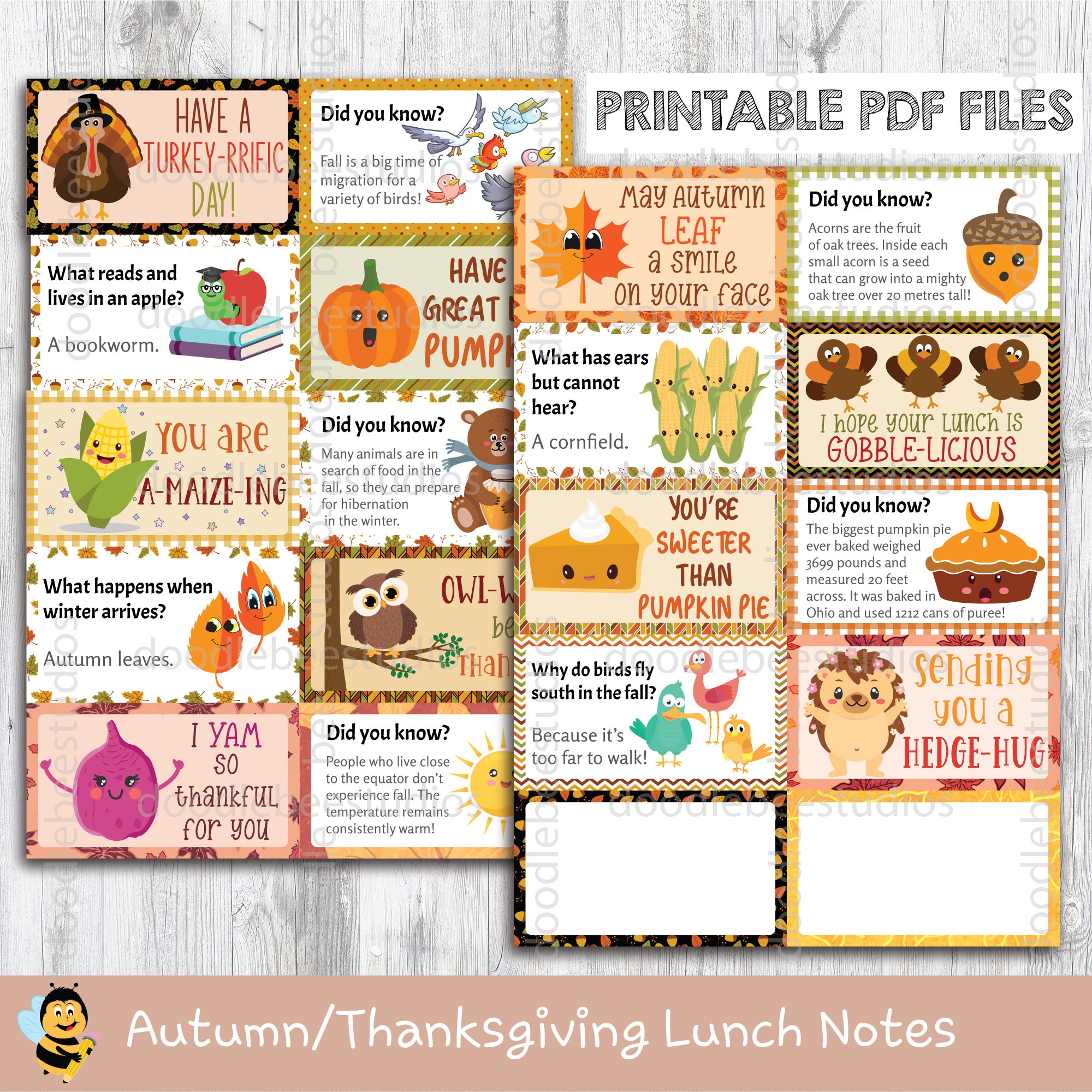 Autumn Lunch Box Notes, Printable Lunchbox Cards, Thanksgiving Lunchbox ...