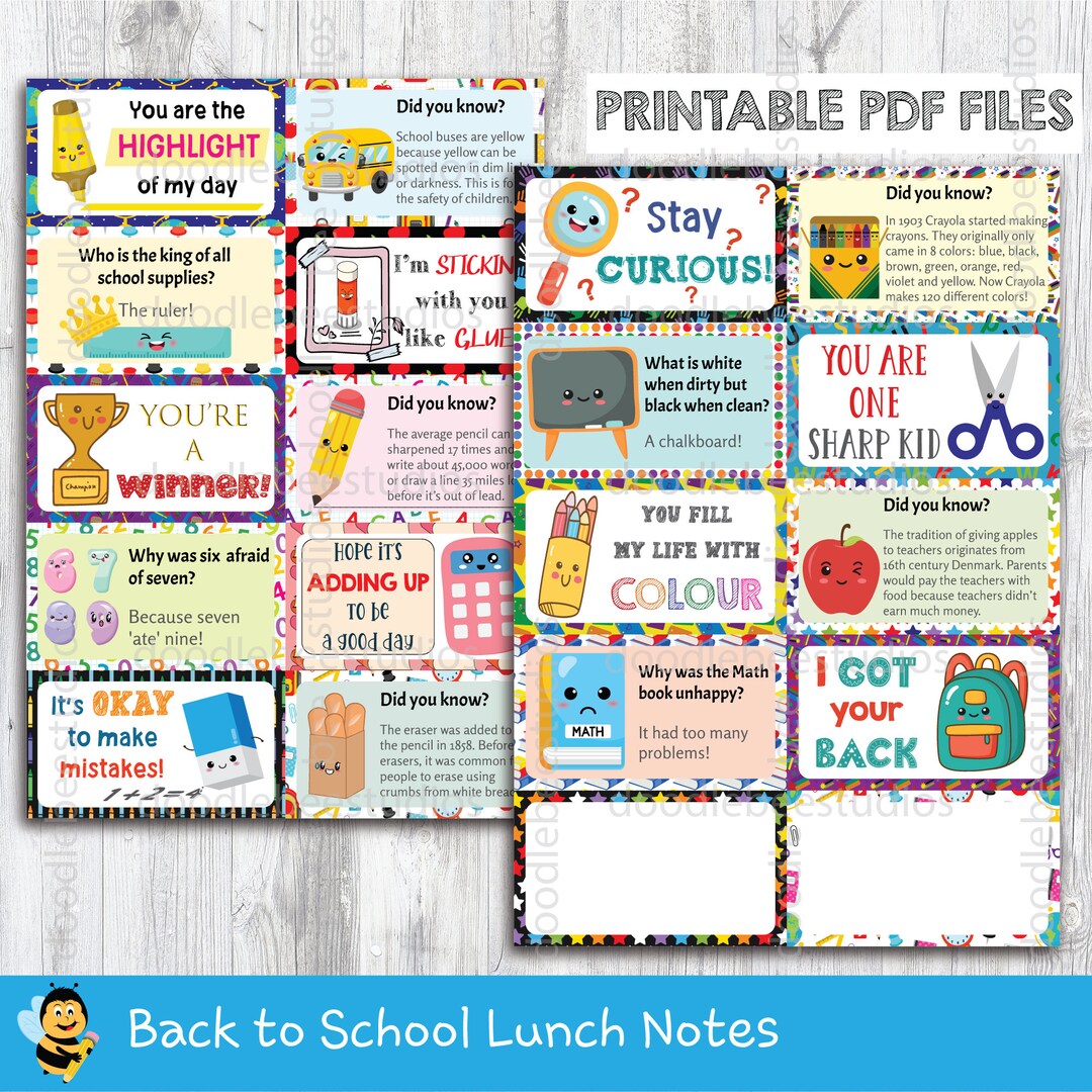 Back to School Lunch Box Notes, Printable Lunchbox Cards, Back to ...