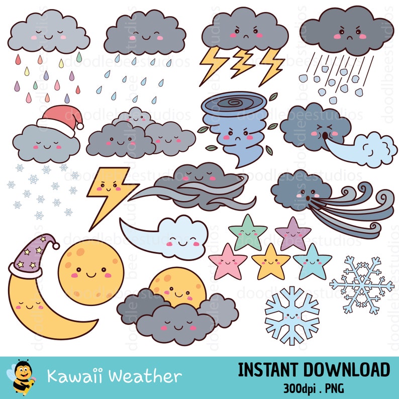 Kawaii Weather Clipart Cute Weather Clipart Kawaii Rainbow - Etsy