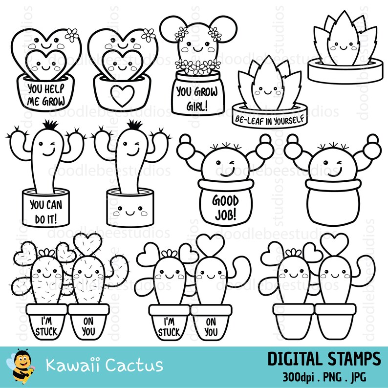 Kawaii Cactus Digital Stamps, Kawaii Plants Digital Stamps, Cute Cactus ...