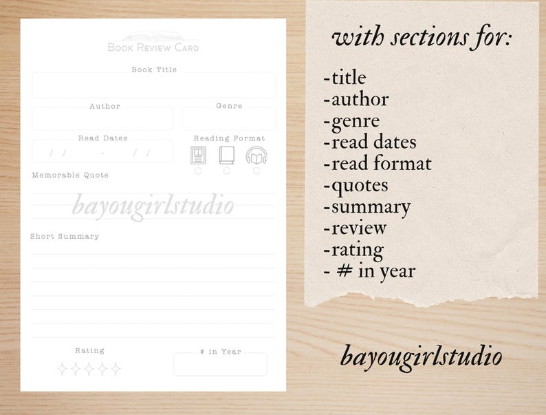 Printable Book Review Card - Etsy