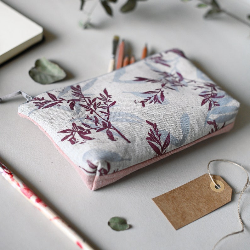 Linen pouch. Makeup pouch. Pencil case. Handprinted textile. | Etsy