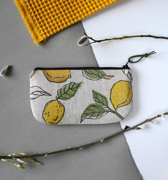 Small linen wallet with handprinted lemons pattern. Small | Etsy