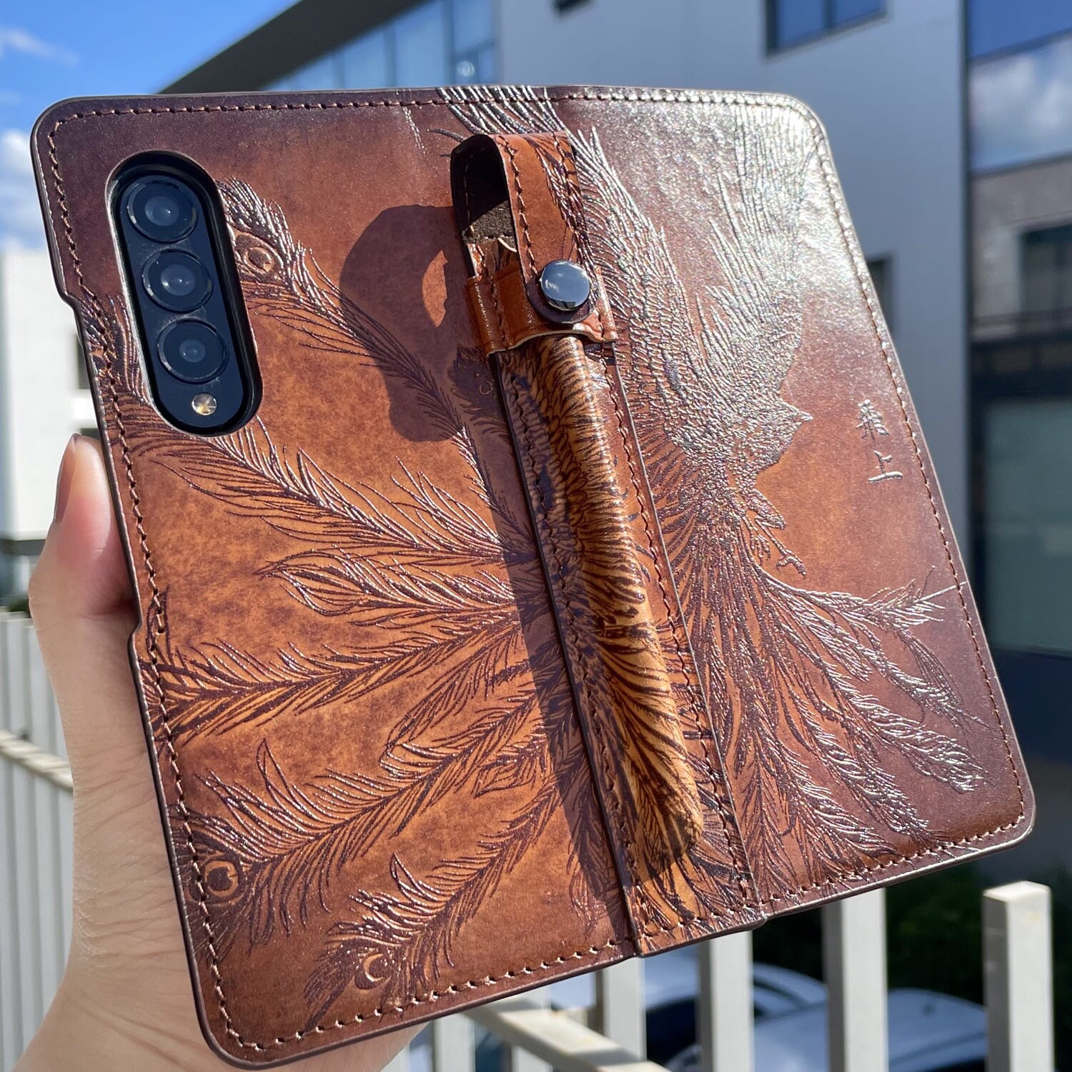 Phoenix Embossed Leather Wallet Case for Galaxy Z Fold 5, S Pen Holder ...