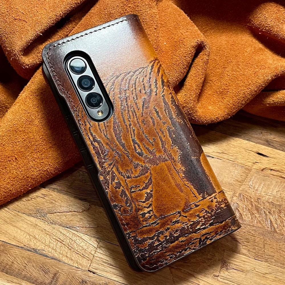 Male Tiger Embossed Leather Wallet Case for Galaxy Z Fold 4 - Etsy