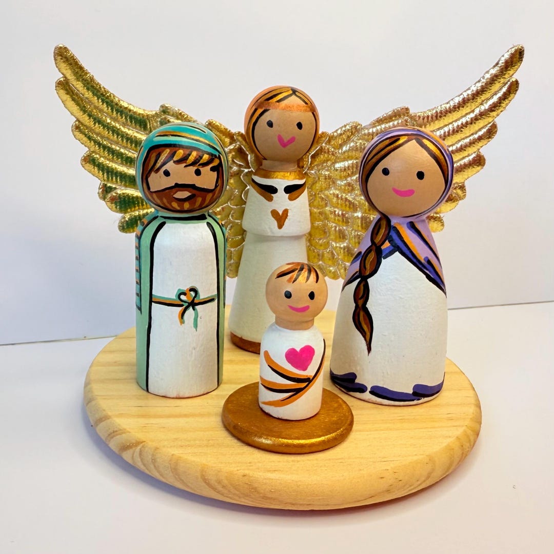 Nativity Scene With a Gold Winged Angel, in Gold, Purple, Green and ...