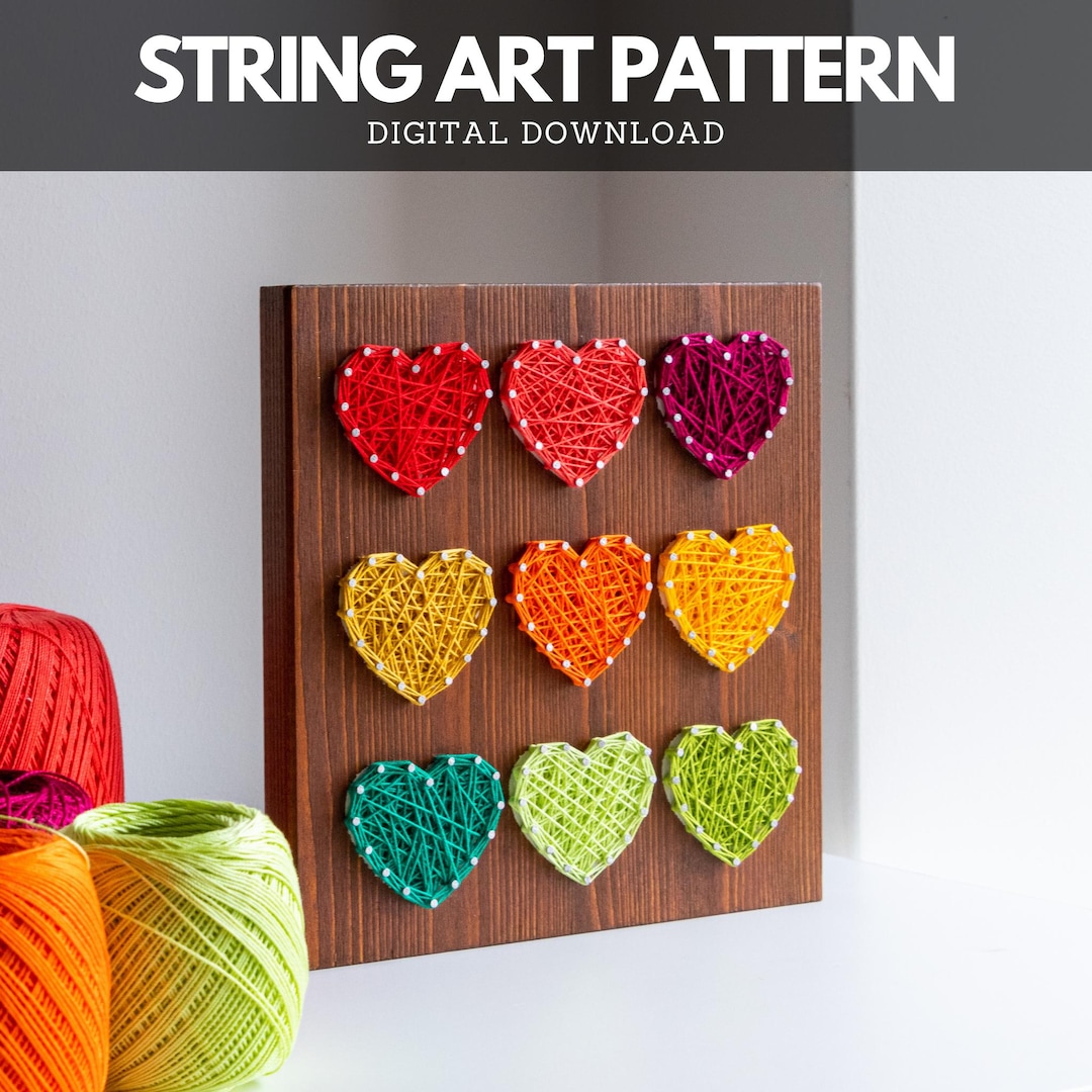 Heart String Art Pattern – Printable Rainbow DIY Template for Nail and Thread Art, 9 Color ...