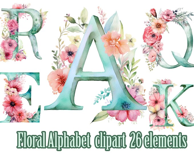 Watercolor Alphabet Clipart (104 Pc) Mint Teal Aqua Blue Turquoise ...