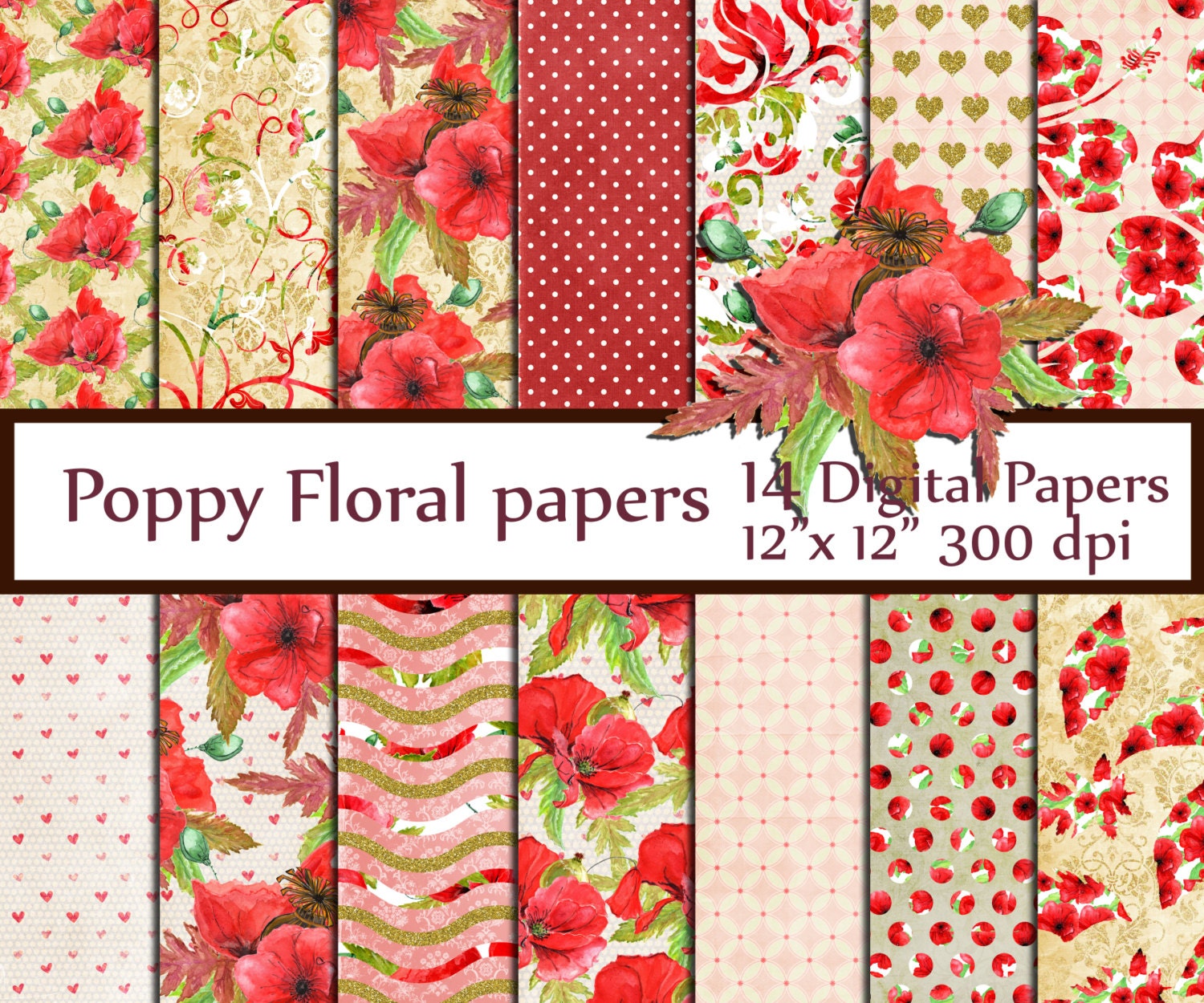 Poppies Floral Digital Paper Pack: RED FLORAL | Etsy