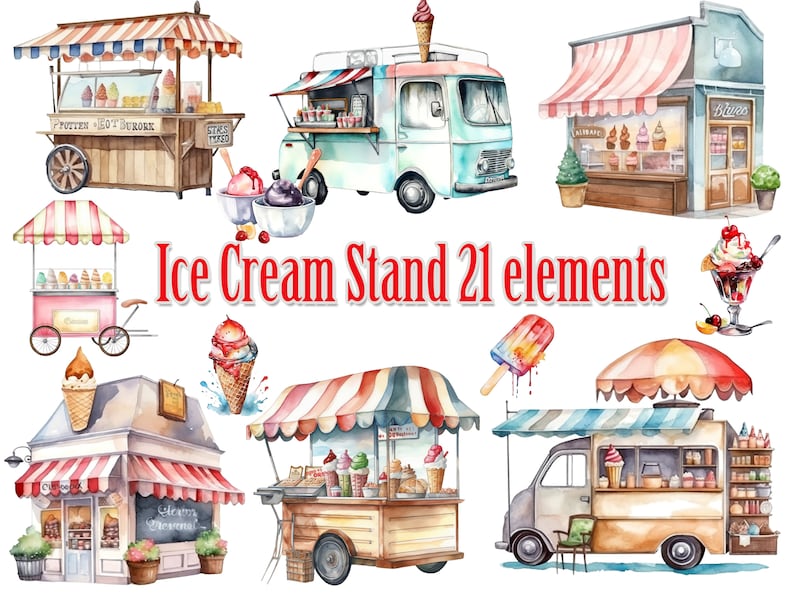 Watercolor Ice Cream Stand Clipartice Cream Shopice Cream - Etsy