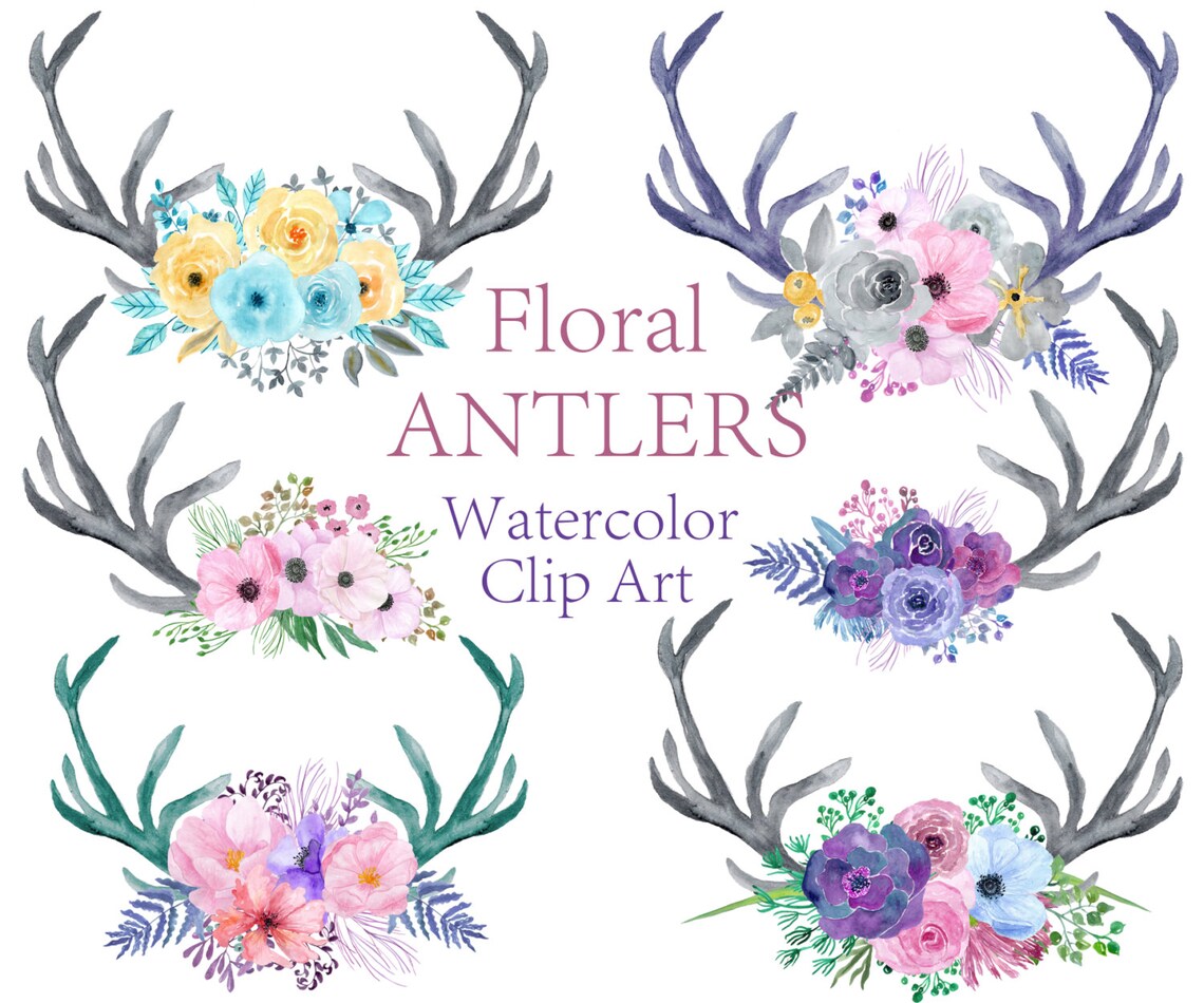Watercolor Antlers Clipart Floral Clipart Watercolor Flowers | Etsy