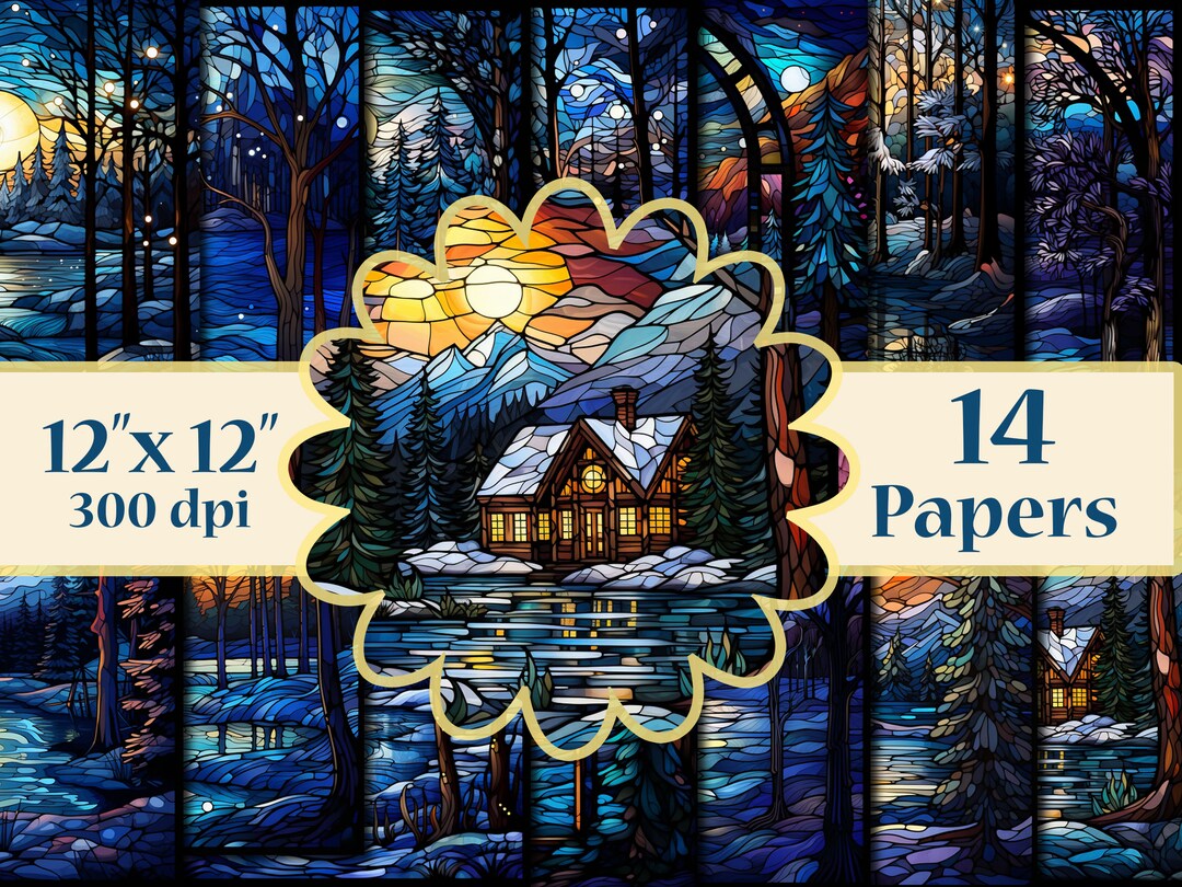 Stained Glass Digital Papers,night Lake Paper, Stained Glass Digital ...