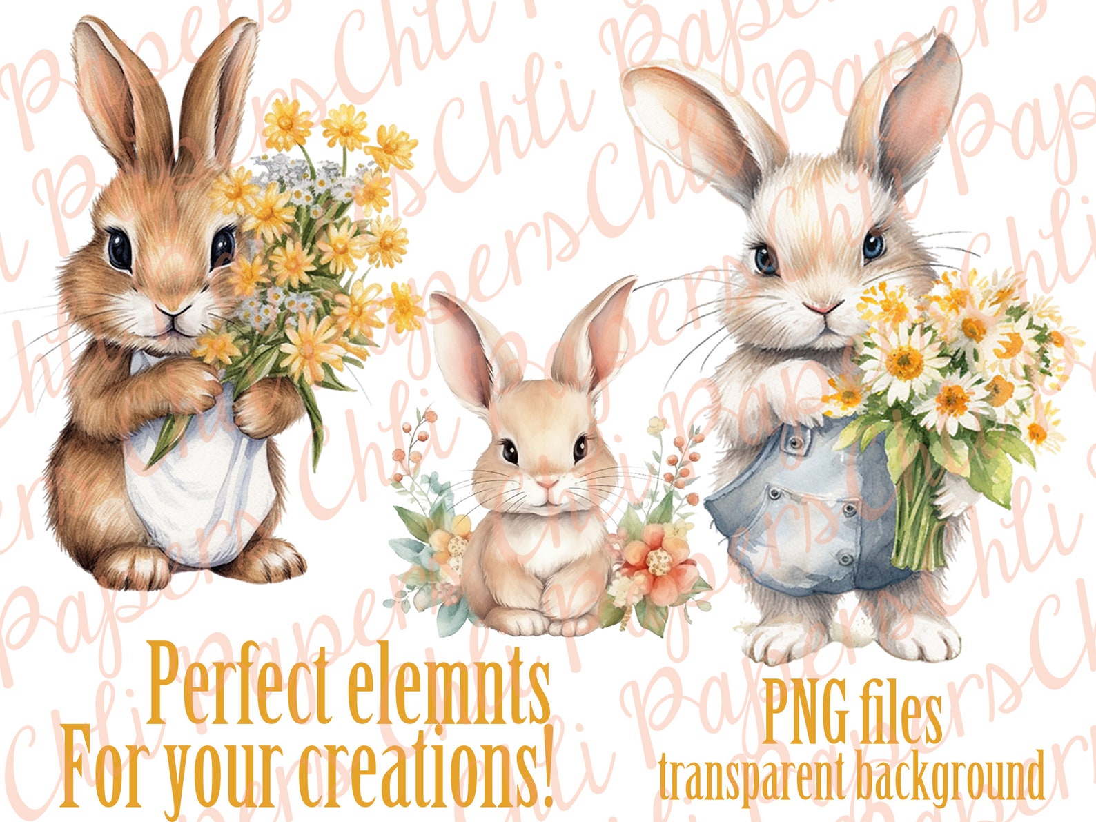 Bunny With Flowers Clipartcute Bunny Clipartcute Rabbit - Etsy