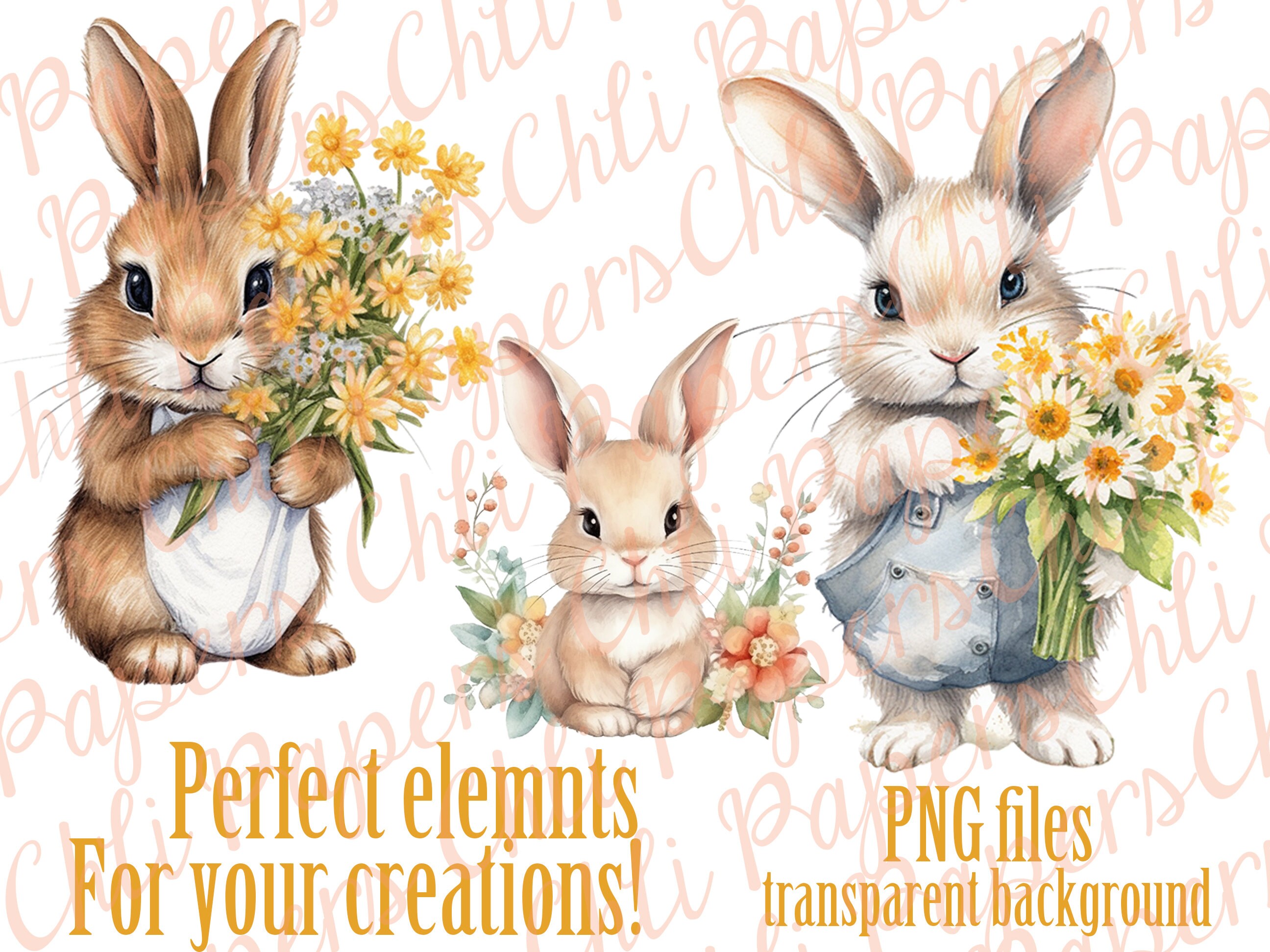 Bunny With Flowers Clipartcute Bunny Clipartcute Rabbit - Etsy