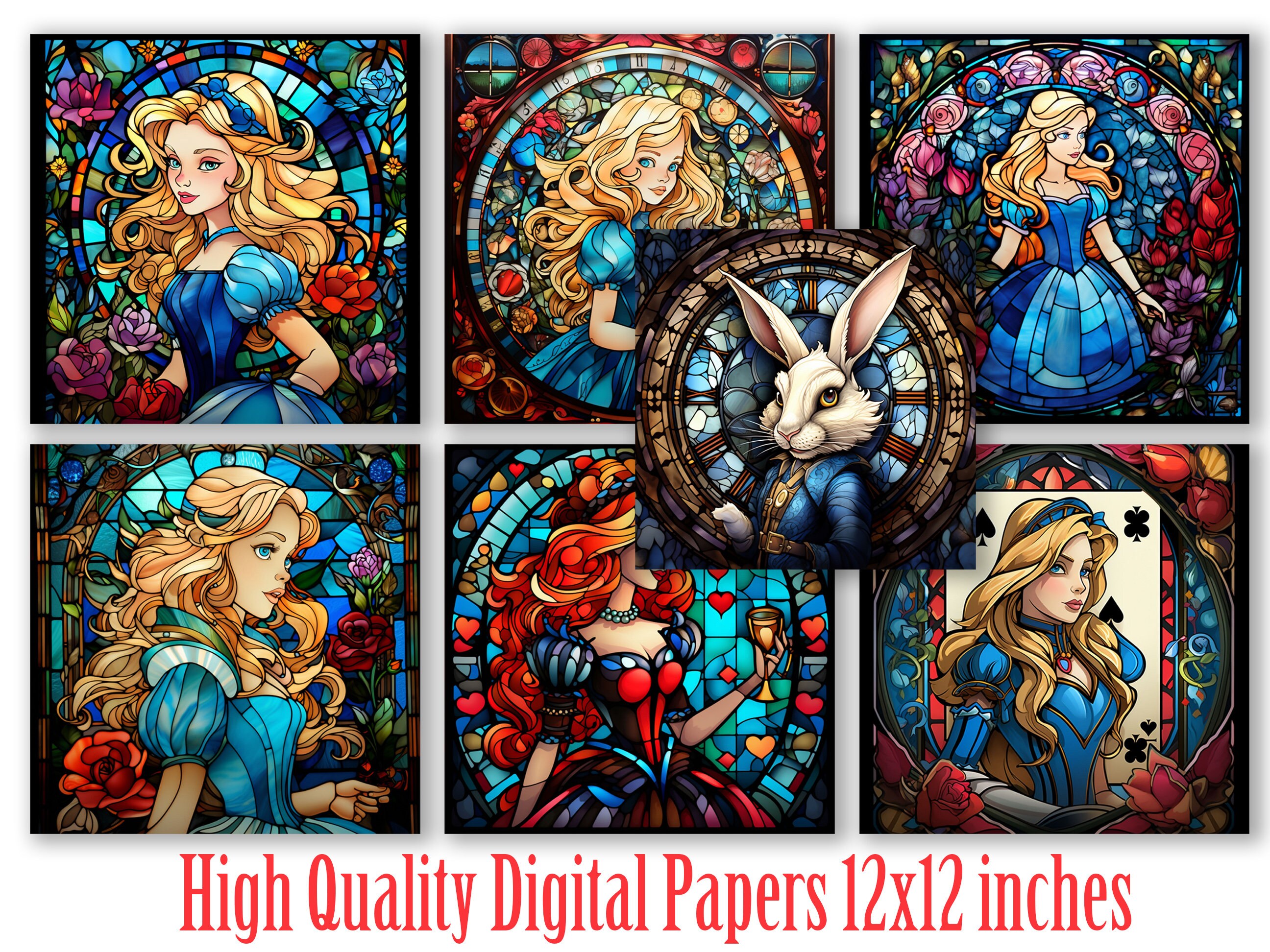 Alice in Wonderland Digital Papers,stained Glass Digital Papers,stained ...