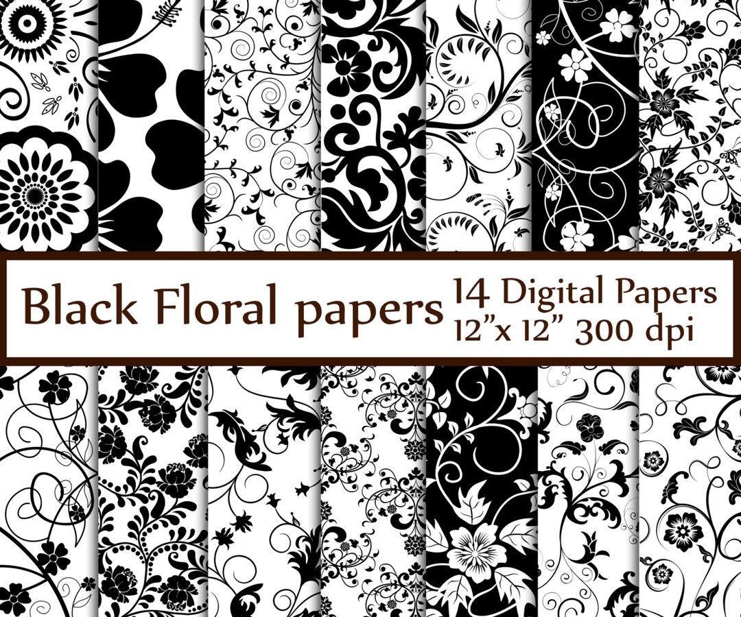 Black Floral Digital Paper: "floral Papers" Black and White Digital ...