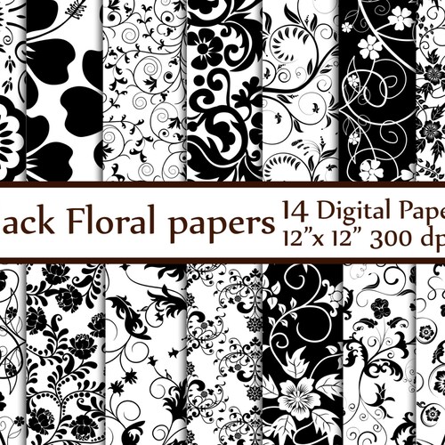 Black Floral Digital Paper: floral Papers Black - Etsy