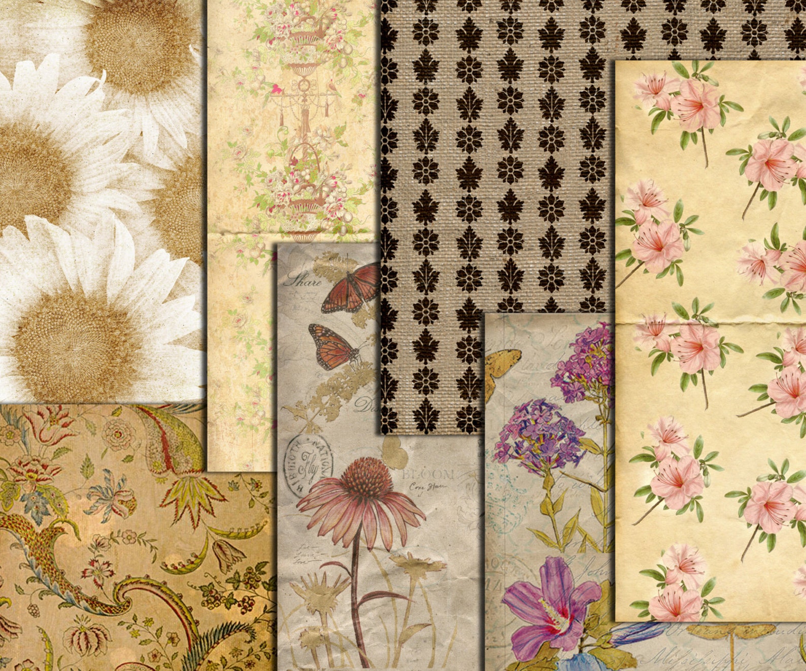 Floral Vintage Digital Papers: "antique Paper" Ephemera Papers ...