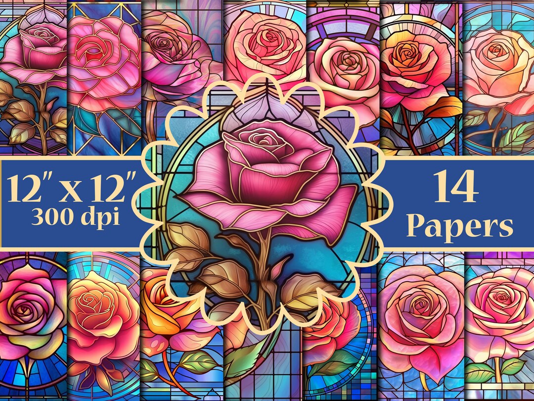 Roses Stained Glass Digital Papers,stained Glass Digital Backgrounds ...