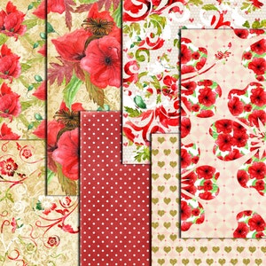 Poppies Floral Digital Paper Pack: "red FLORAL Papers" Vintage Floral ...