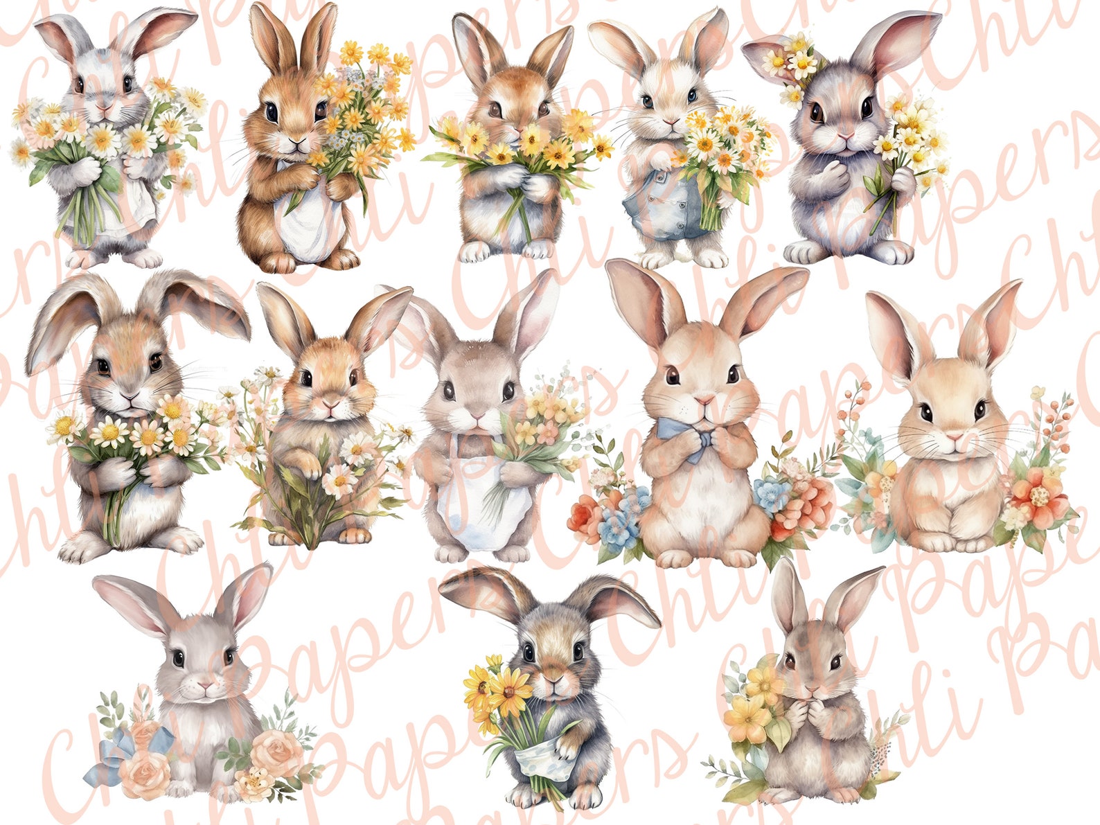 Bunny With Flowers Clipartcute Bunny Clipartcute Rabbit - Etsy