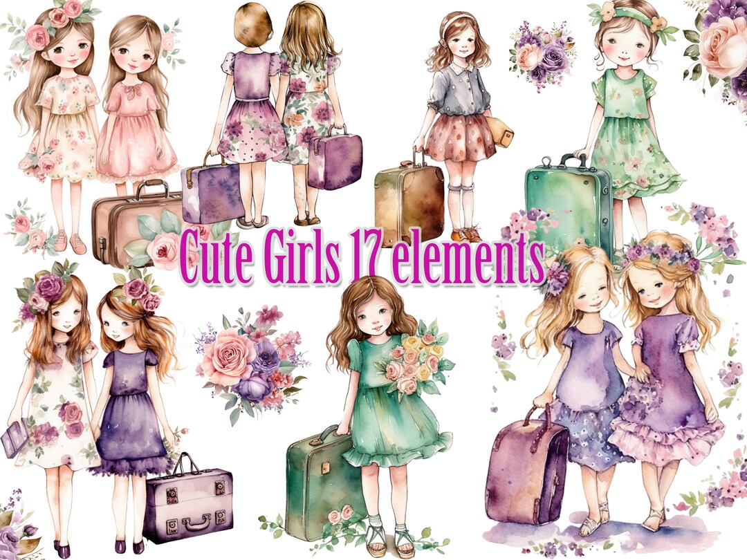 Watercolor Cute Girls Clipart,girls With Suitase,best Friends Travel ...