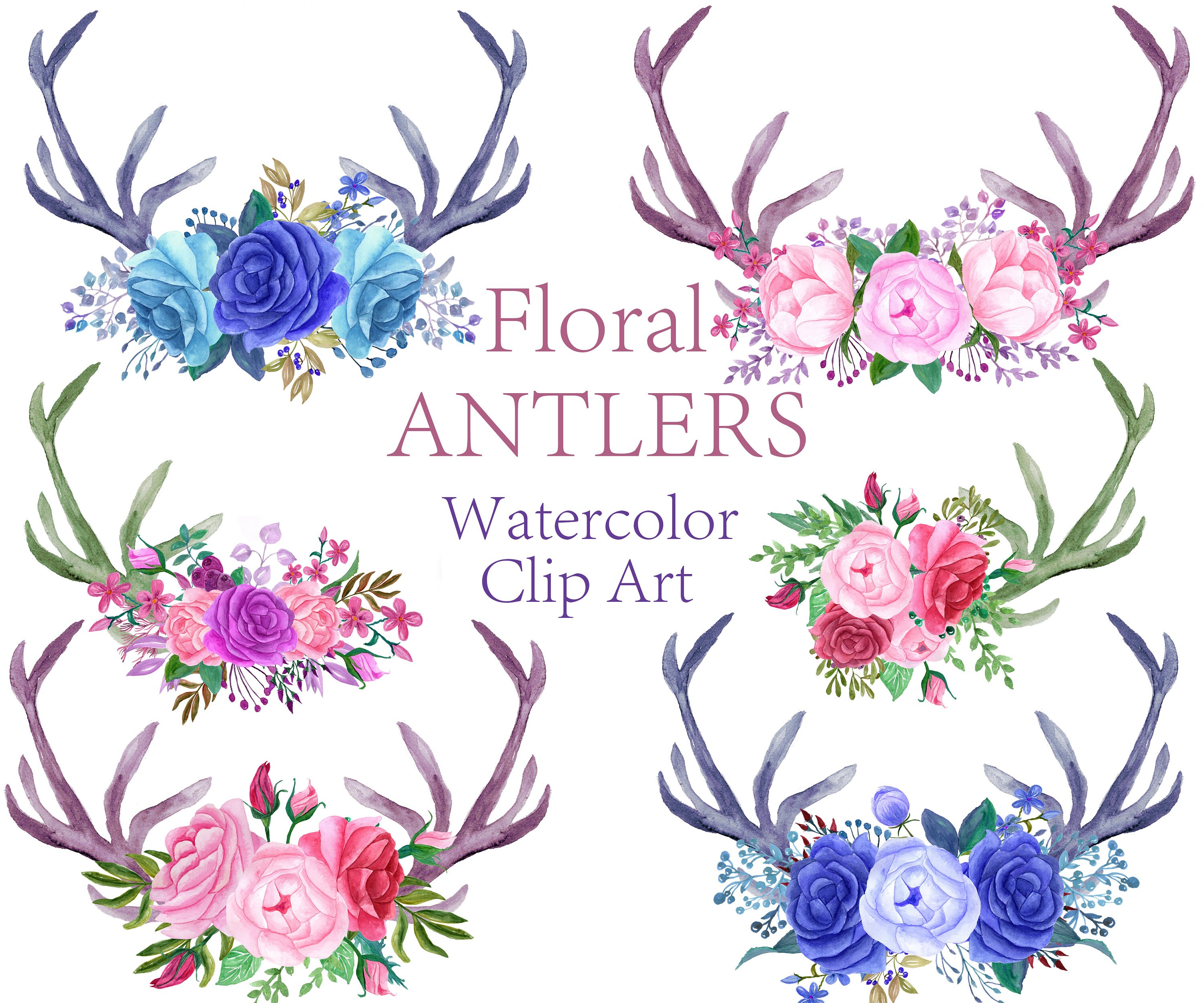 Watercolor Antlers Clipart Floral Clipart Watercolor Flowers - Etsy