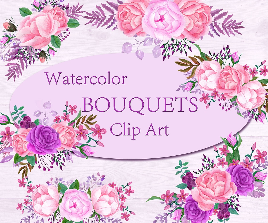 Pink Watercolor Bouquets Clip Artfloral Bouquetspink - Etsy