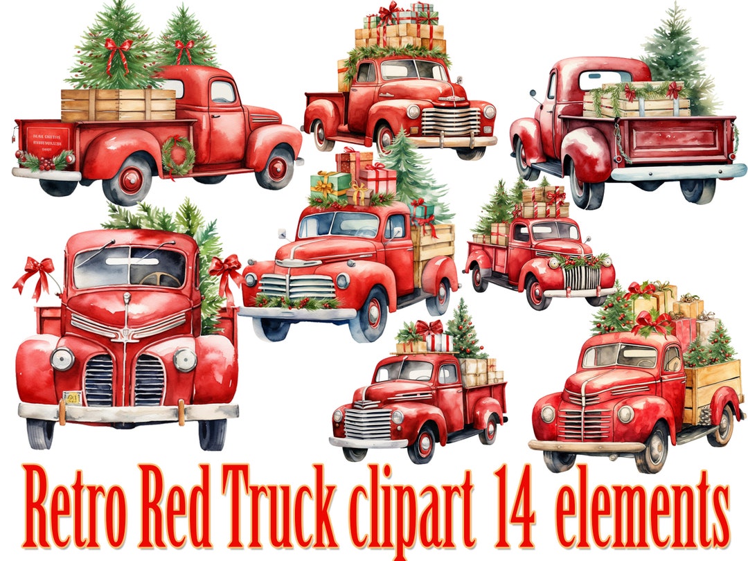Christmas Retro Truck Clipart,watercolor Christmas Clipart,retro Truck ...