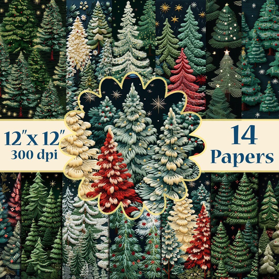 Embroidery Digital Papers, Pine Tree Embroidery,winter Digital Papers ...