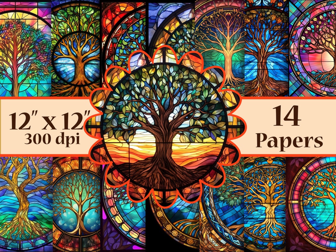 Tree of Life Stained Glass Digital Papers,stained Glass Digital ...