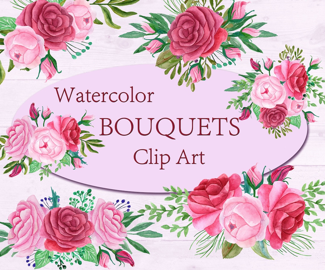 Pink Watercolor Bouquets Clip Art,floral Bouquets,pink Flowers, Bouquet ...