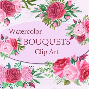 Pink Watercolor Bouquets Clip Art,floral Bouquets,pink Flowers, Bouquet ...