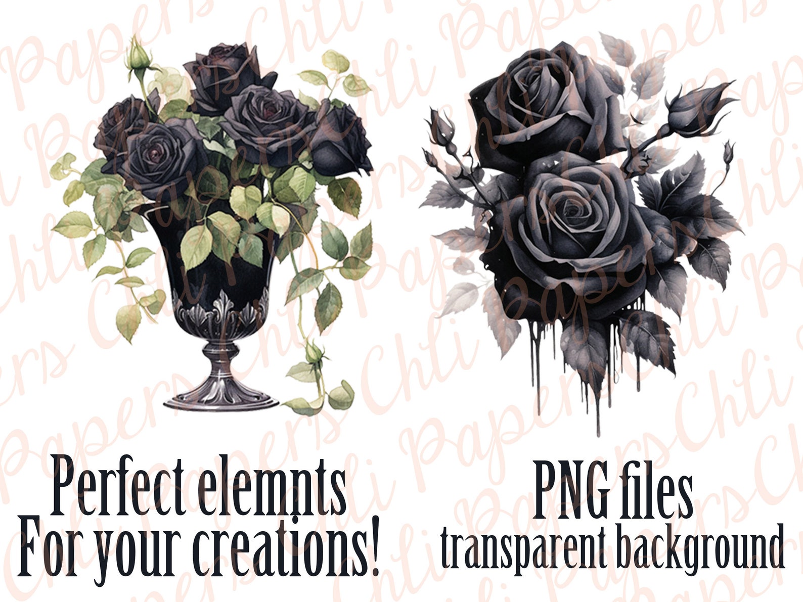 Black Roses Clipart,gothic Roses Clipart,watercolor Rose Clipart,floral ...